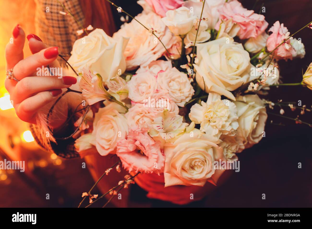 Bouquet of flowers consists of lilies and forget me nots Stock Photo ...