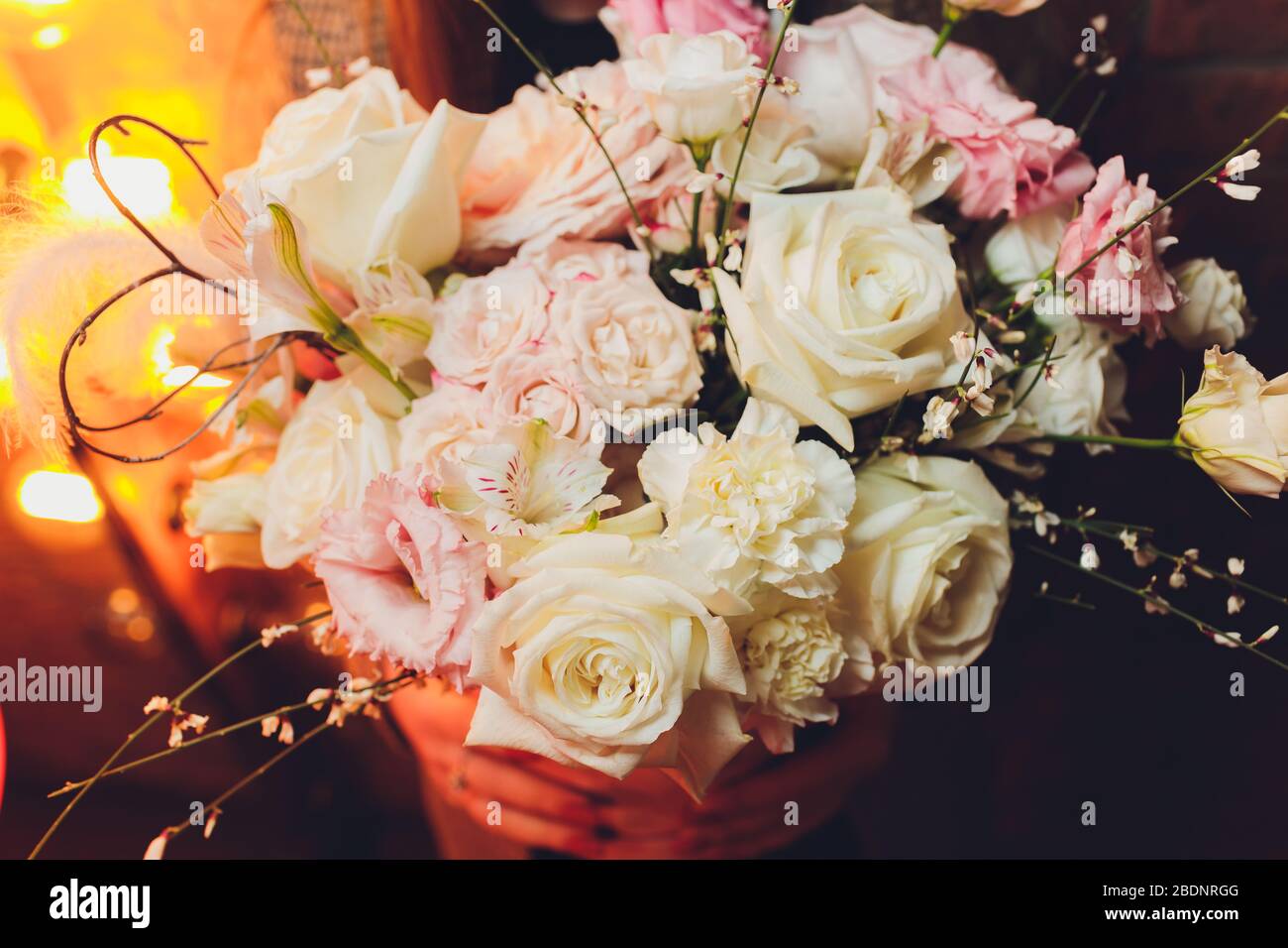 Bouquet of flowers consists of lilies and forget me nots Stock Photo ...