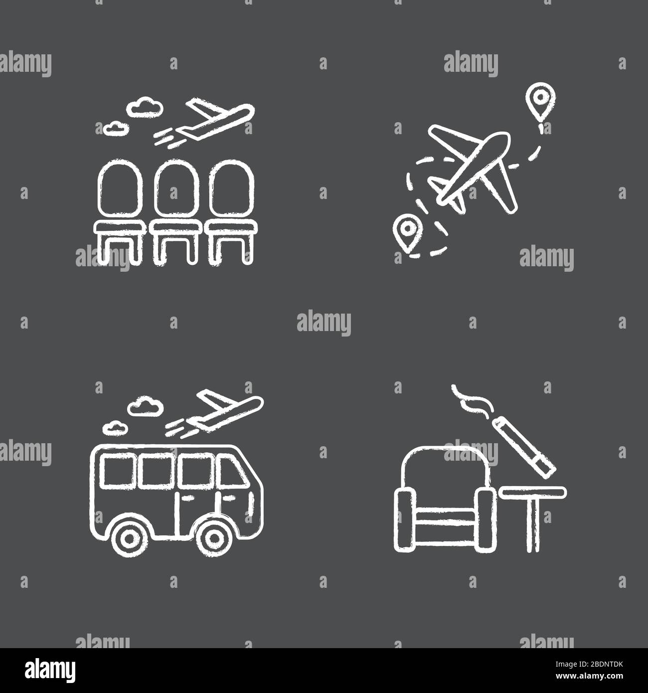 Airport terminal chalk white icons set on black background. Waiting ...