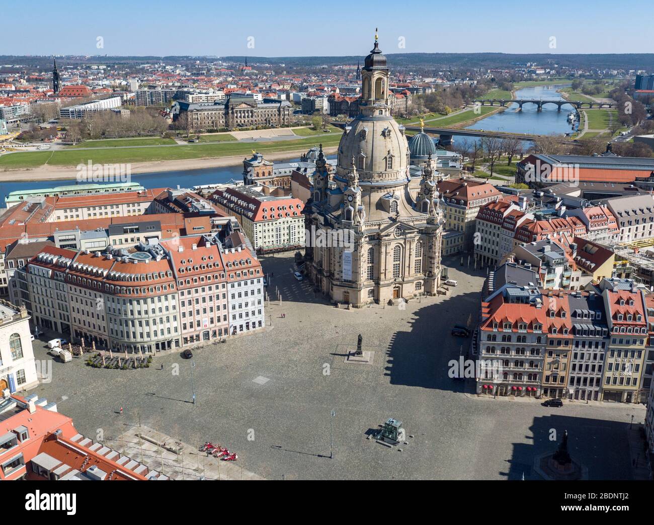 08 April 2020, Saxony, Dresden: The old town of Dresden with the ...