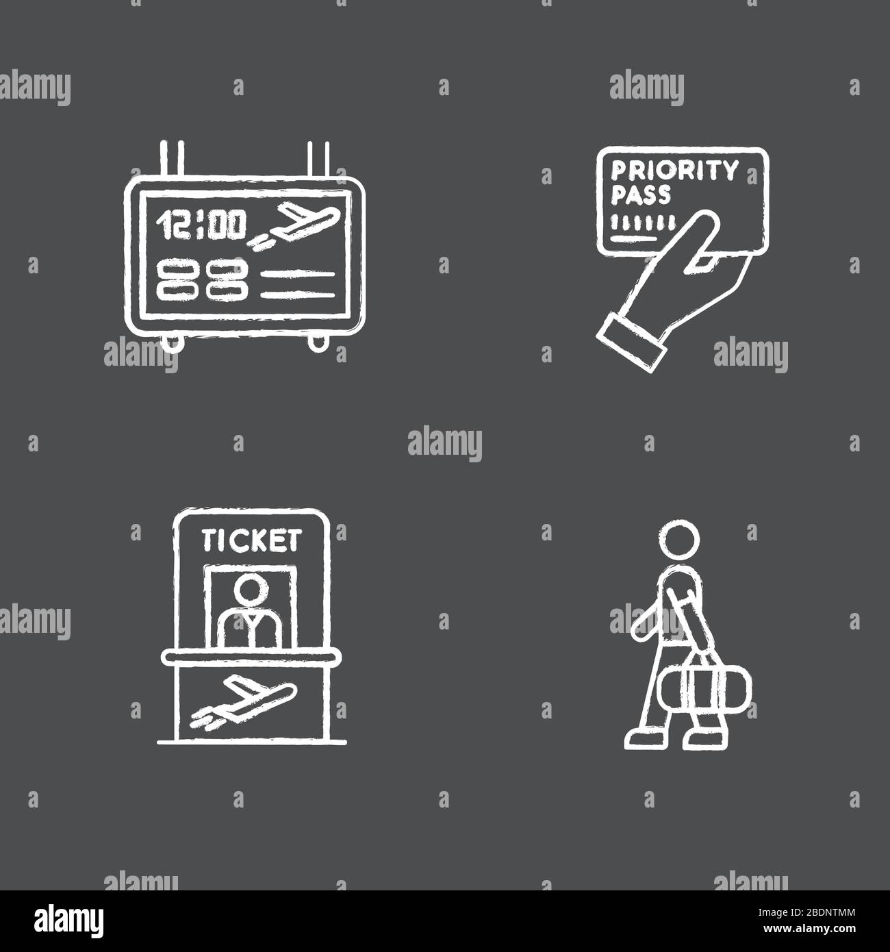 Airport terminal chalk white icons set on black background. Flight ...