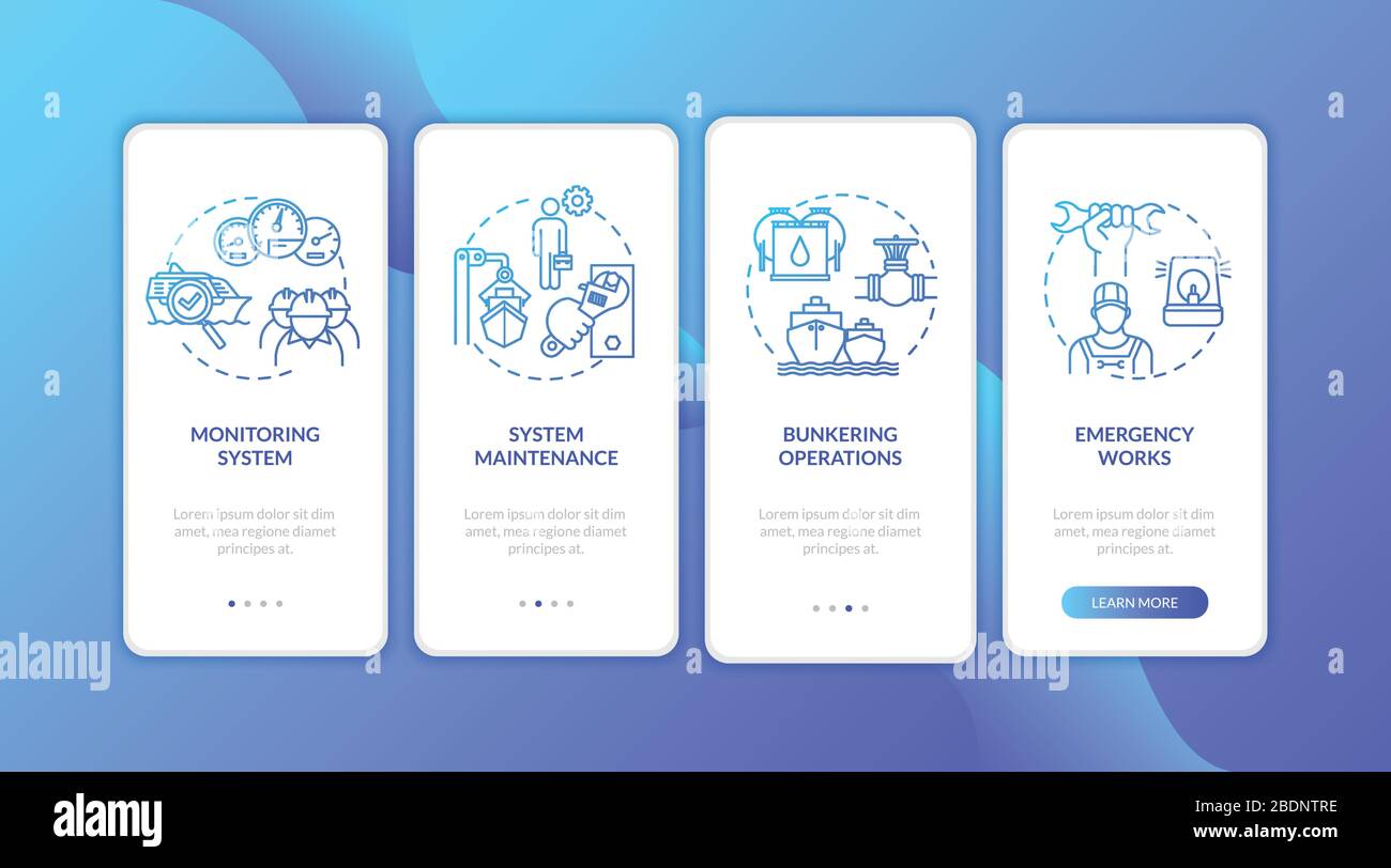 Marine engineering onboarding mobile app page screen with concepts set. Professional repair team ...