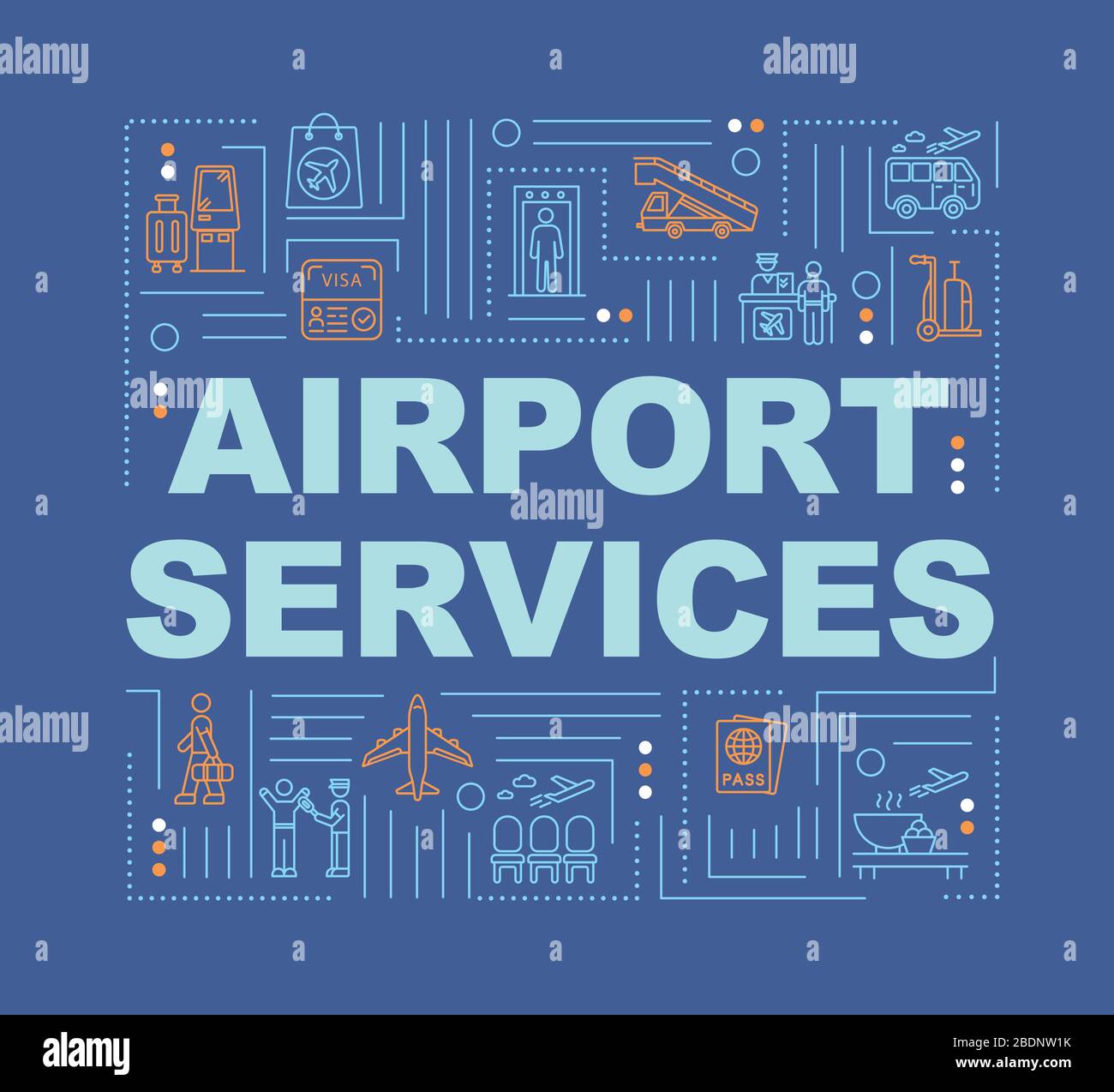 Airport services word concepts banner. Commercial flights, airplane ...