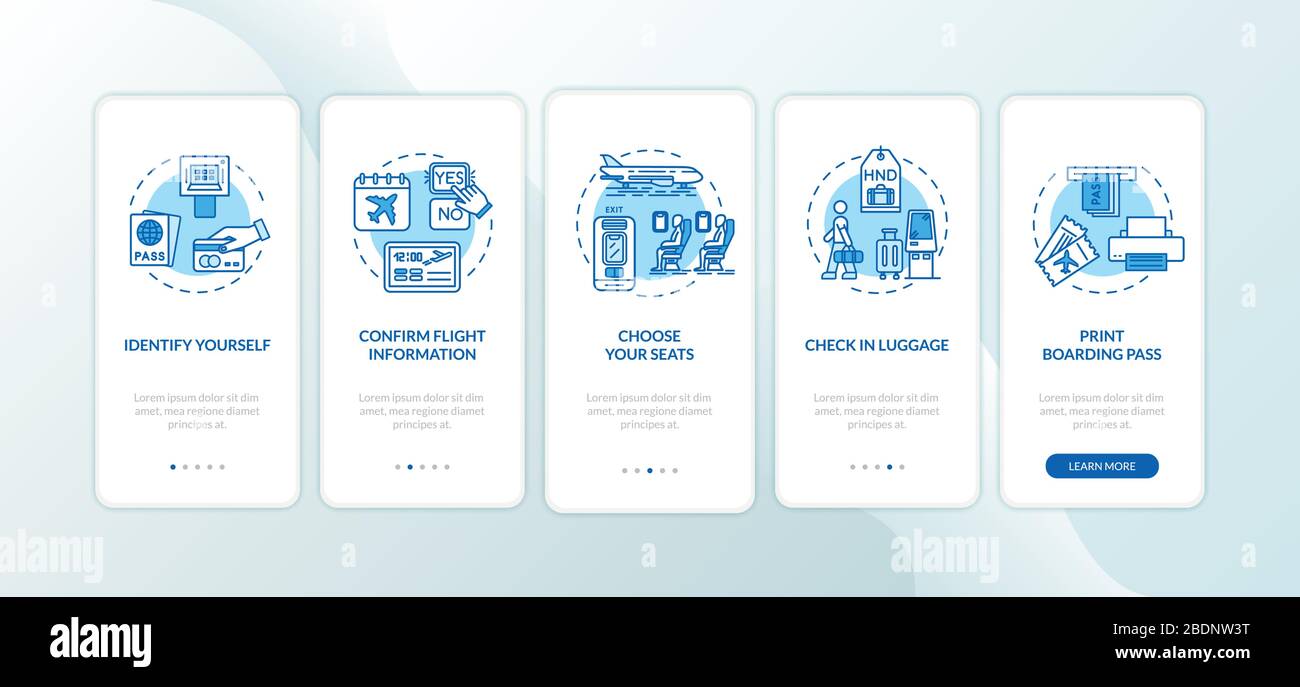 Self check in onboarding mobile app page screen with concepts. Airport ...