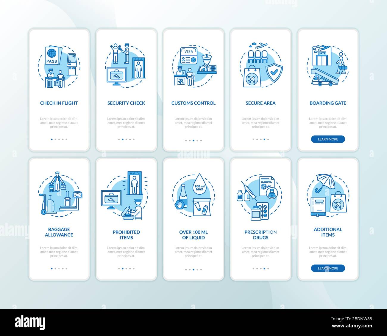 Airport terminal onboarding mobile app page screen with concepts set ...