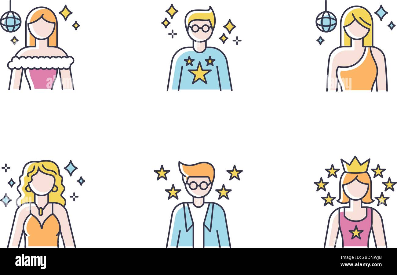 Popular celebrity RGB color icons set. Famous female and male actors ...