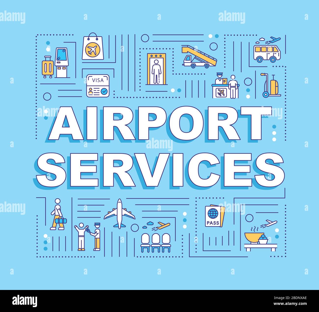 Airport services word concepts banner. Commercial flights, airline ...