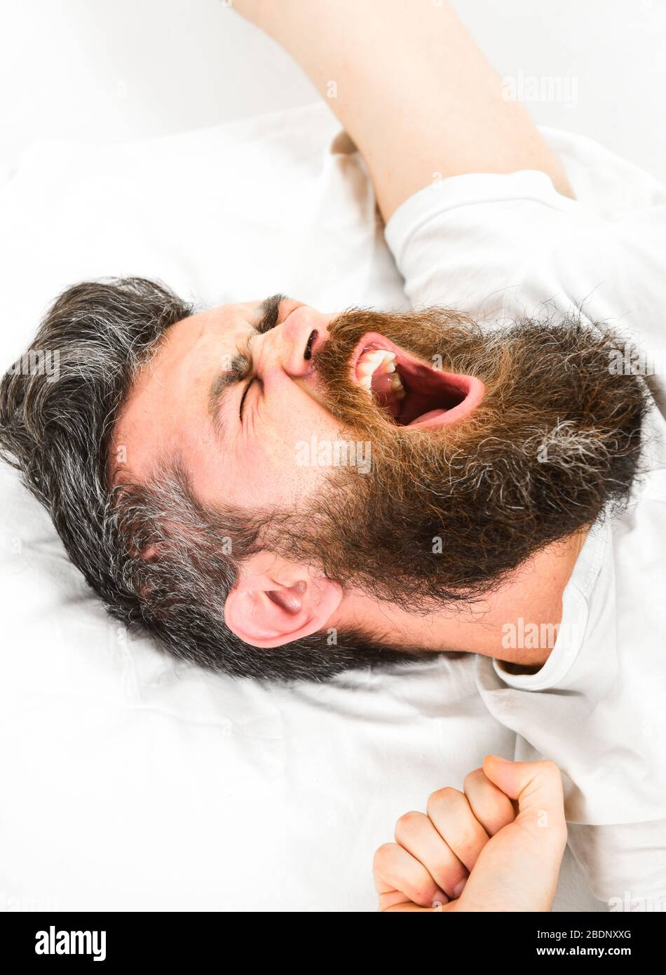 Man slept well, white background. Good morning concept. Hipster with ...