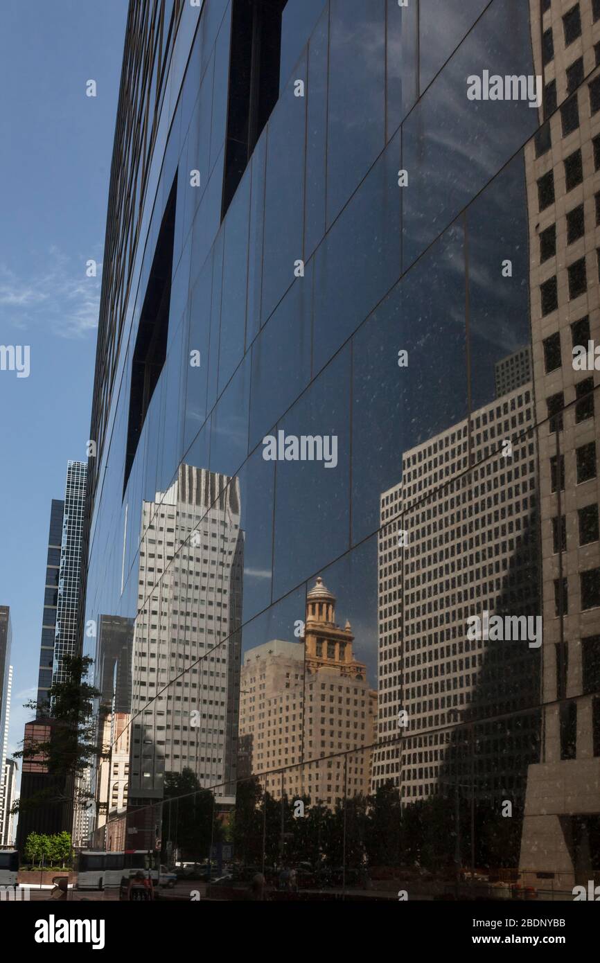 Vertical view of the Skyline district reflection on one of the McKinney ...