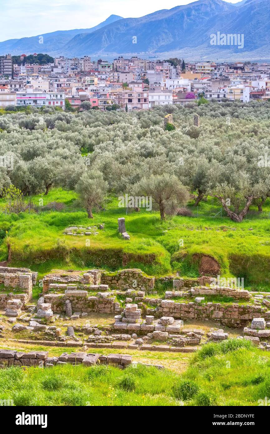 Aerial panoramic view of Sparta city, Greece, ancient ruins remains in ...