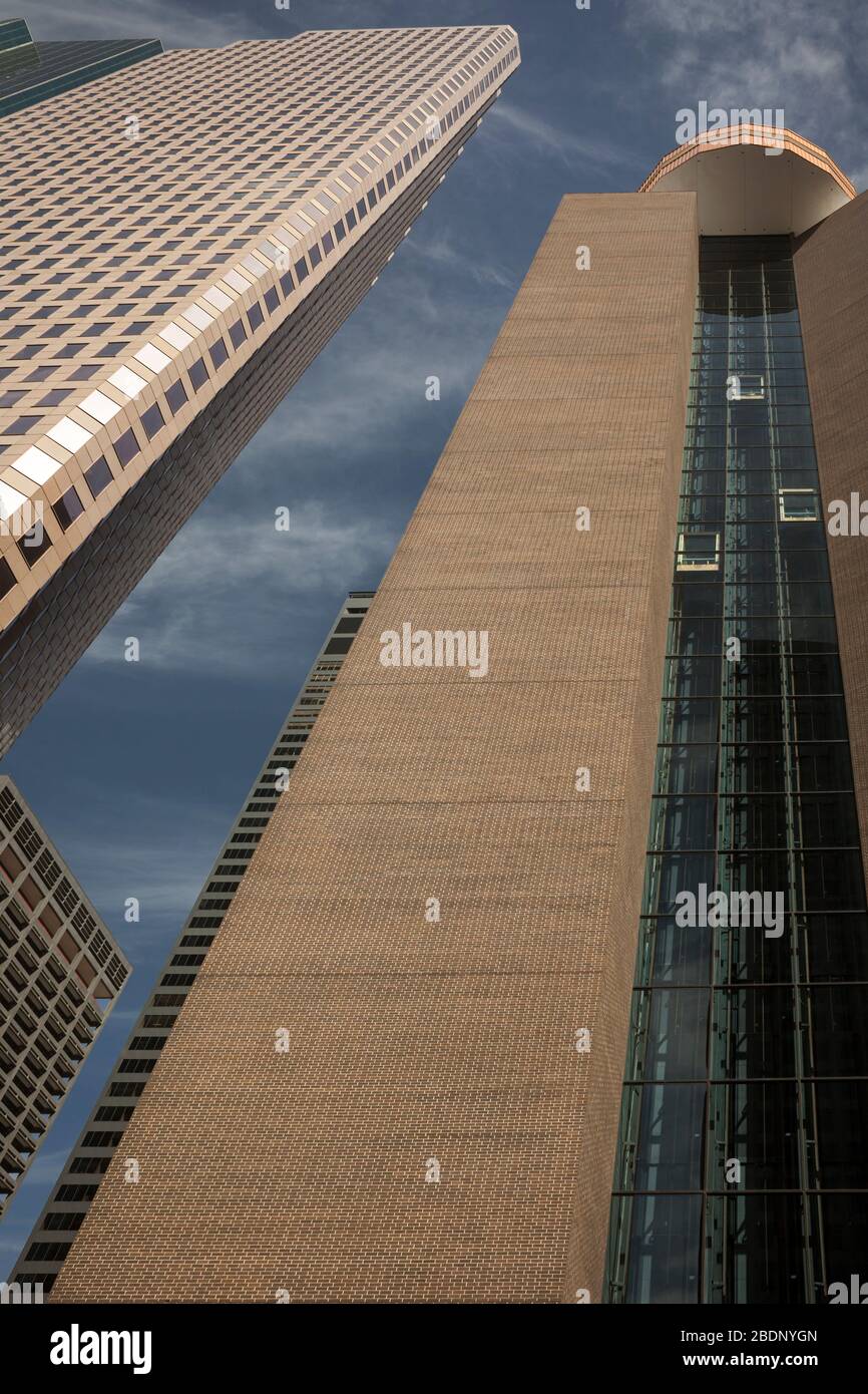 Vertical low angle view of the Enterprise Plaza and Hyatt skyscrapers ...