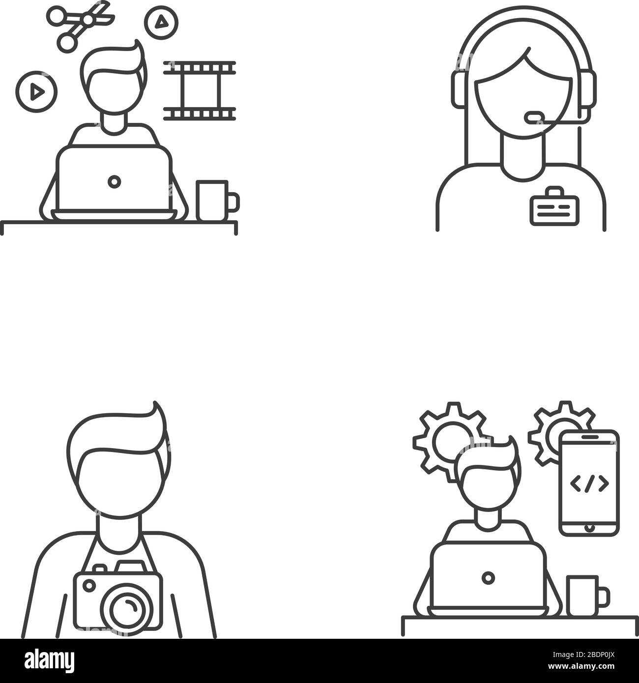 Remote workers pixel perfect linear icons set. Video editor, photographer, mobile application ...