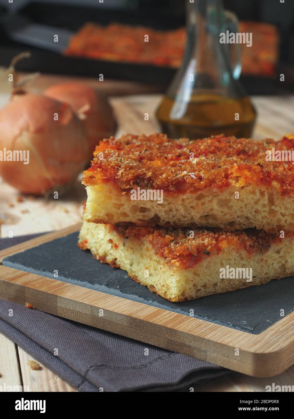 Sicilian italian traditiona pizza focaccia bread called sfincione ...