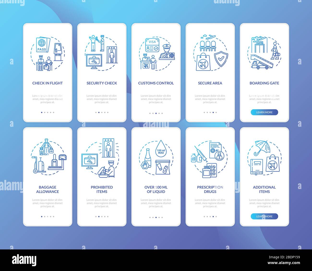 Airport terminal onboarding mobile app page screen with concepts set ...