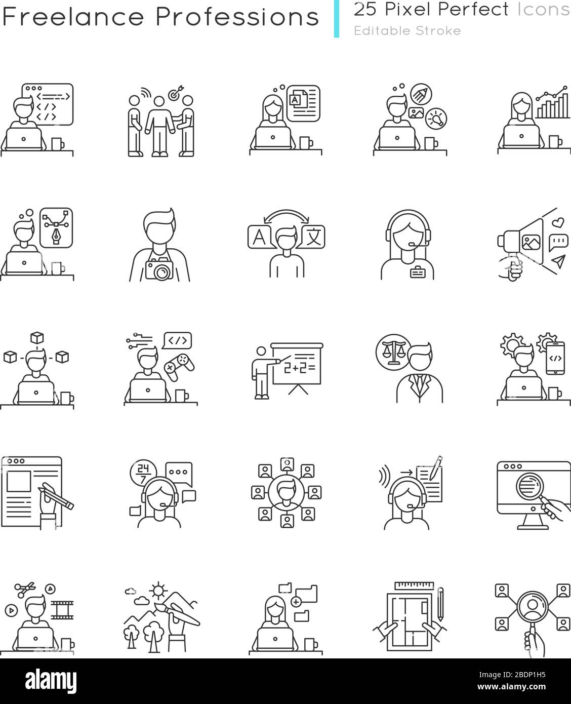Freelance professions pixel perfect linear icons set. Branding and HR ...
