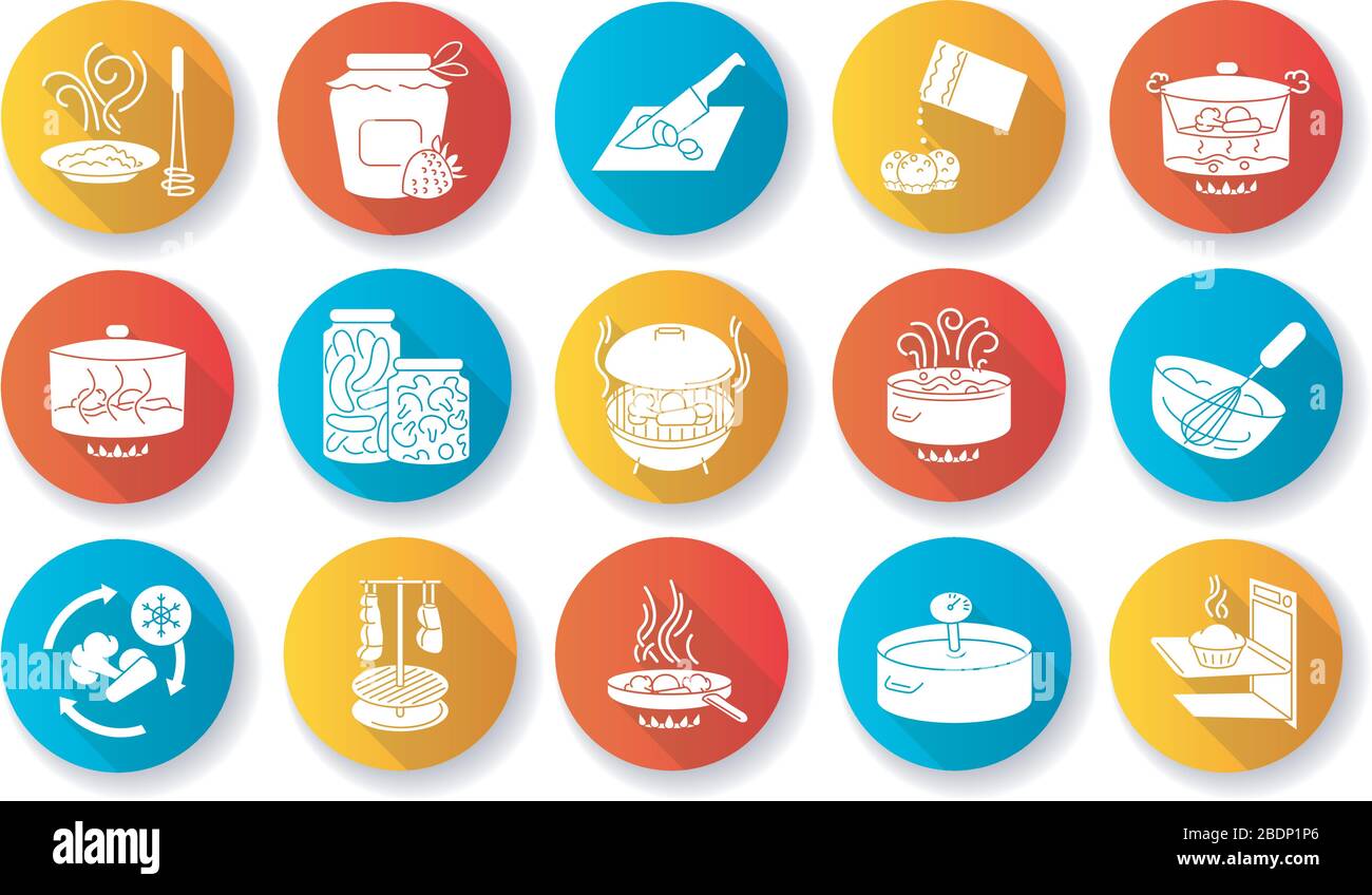 Cooking process flat design long shadow glyph icons set. Different food ...