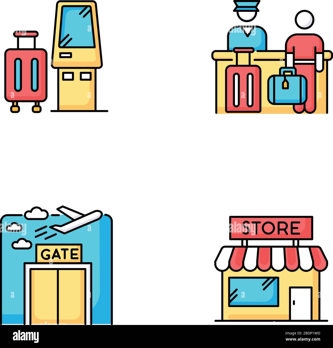 Airport terminal RGB color icons set. Self service kiosk to check in ...