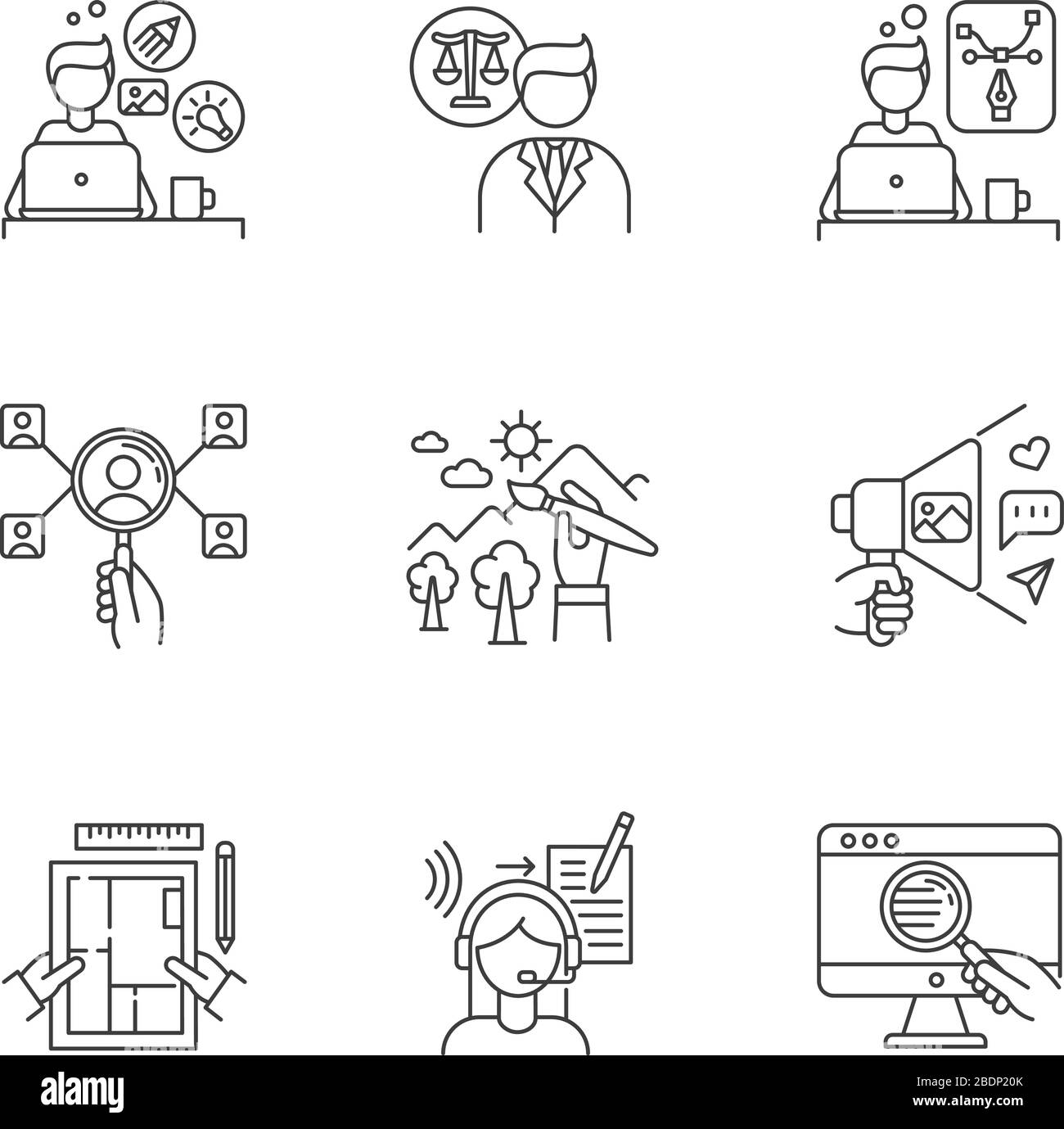 Remote jobs pixel perfect linear icons set. Creative and graphic design ...