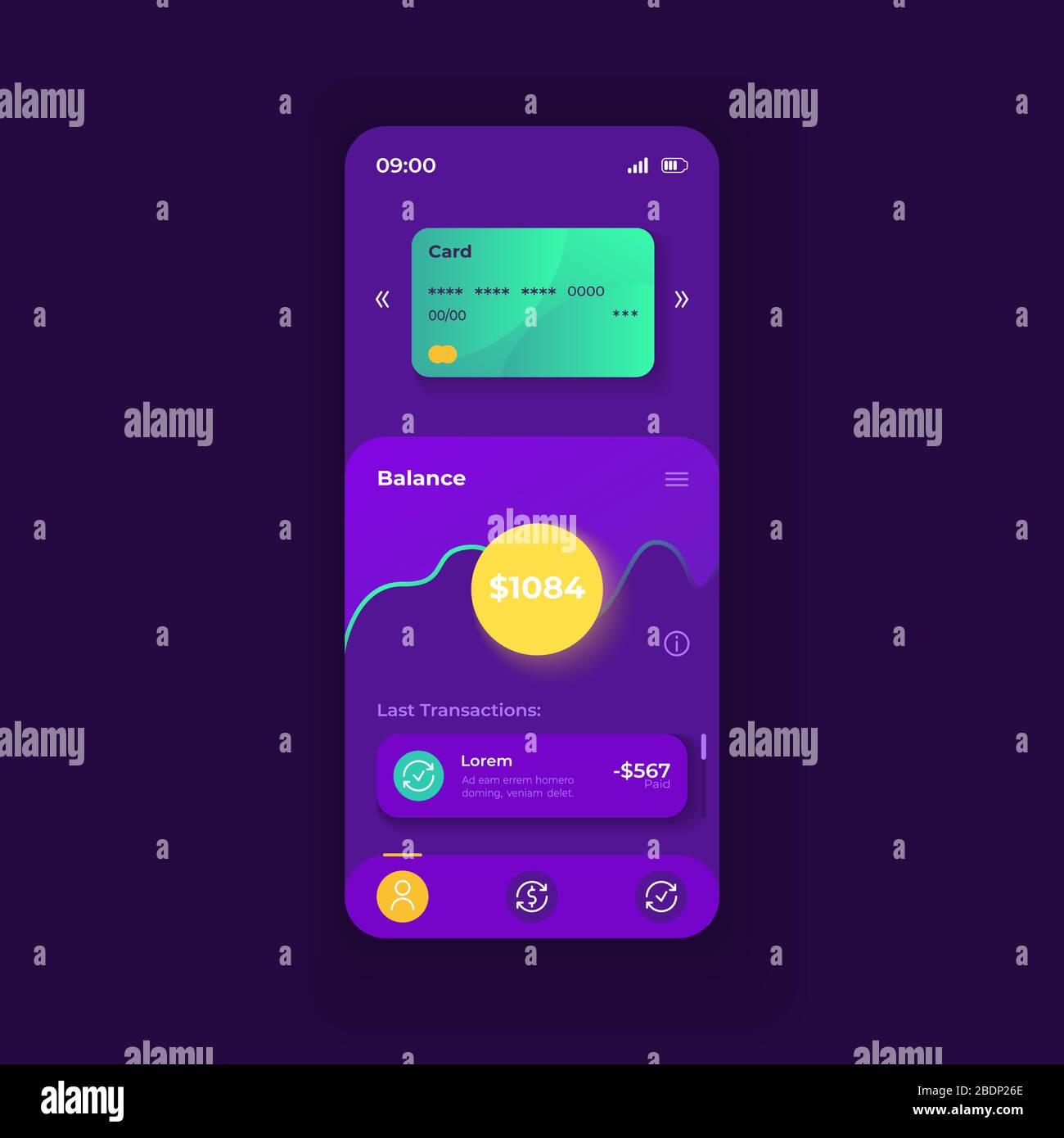 Online wallet application smartphone interface vector template. Mobile app page dark theme ...