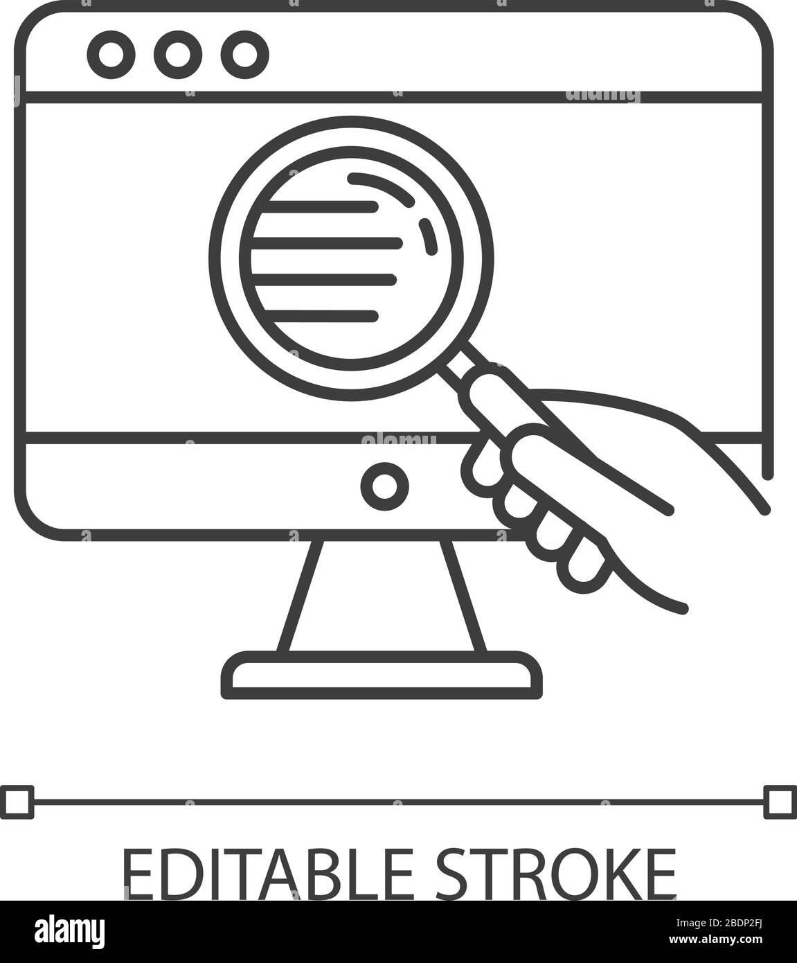 Web researcher pixel perfect linear icon. Site analysis, data search ...