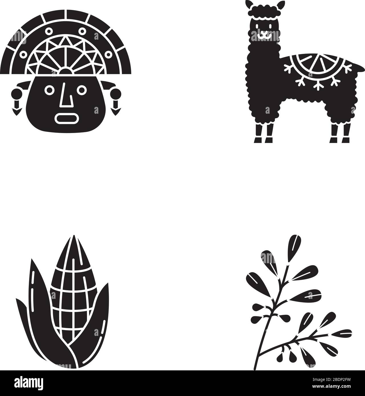 Peru black glyph icons set on white space. Andean country features ...