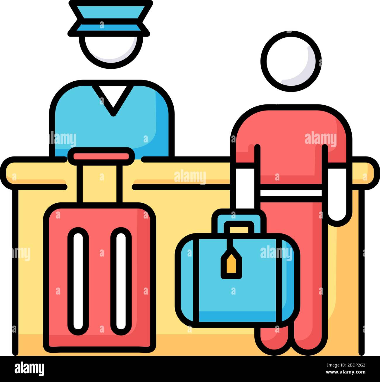 Airport check in RGB color icon. Passenger waiting at registration desk ...