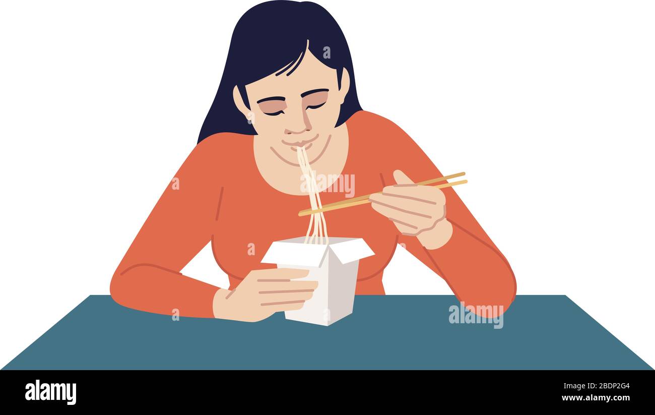 Young woman eating chinese food semi flat RGB color vector illustration ...