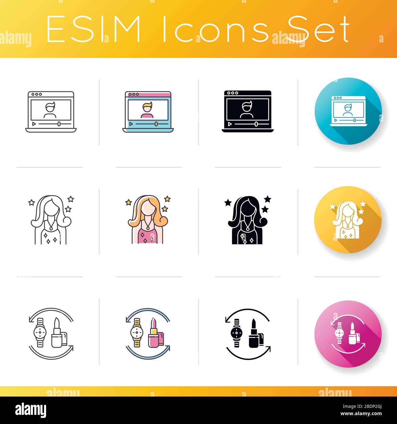 Social media influencer icons set. Watch vlogger video on computer ...