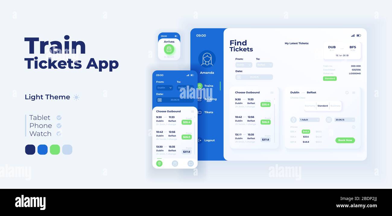 Train tickets app screen vector adaptive design template. Internet ...