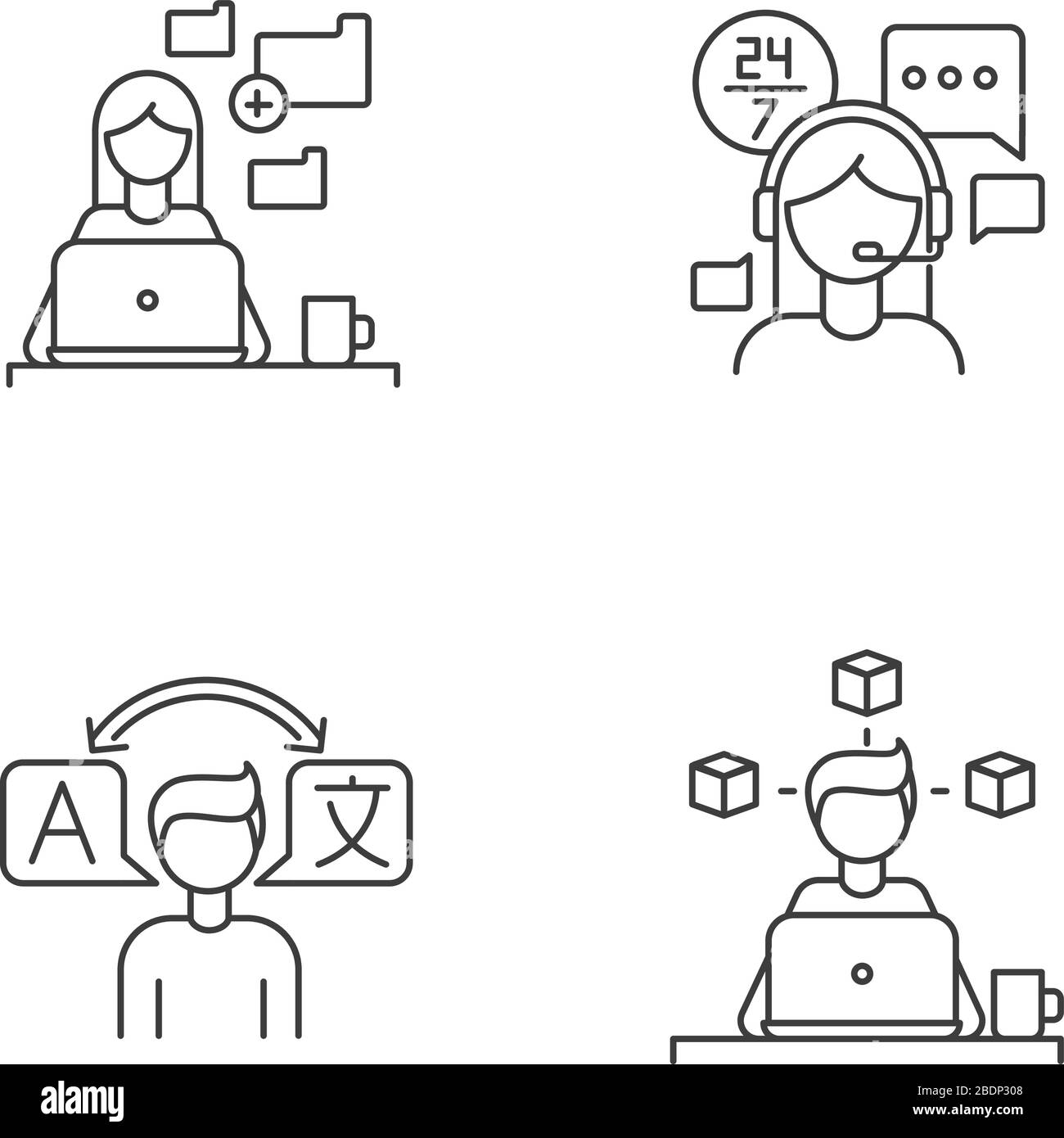 Freelance professions, data entry jobs pixel perfect linear icons set ...