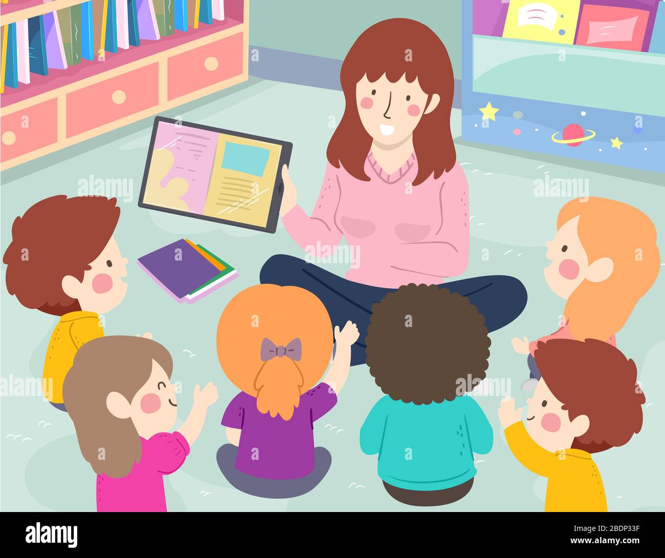 Illustration of a Girl Teacher Showing a Tablet Computer to Student ...