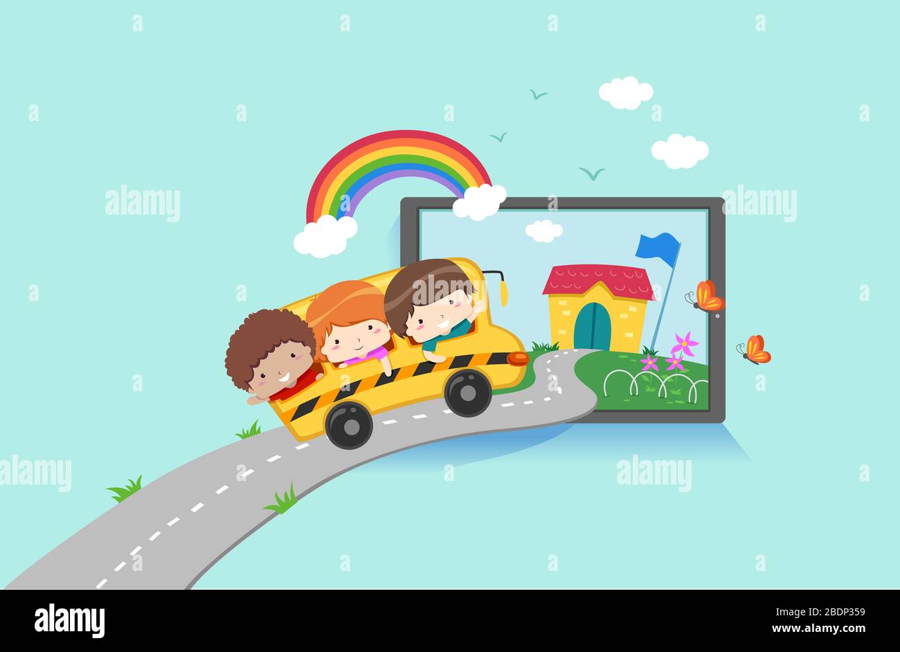 Illustration of Kids Riding a School Bus and Going Inside a Virtual ...