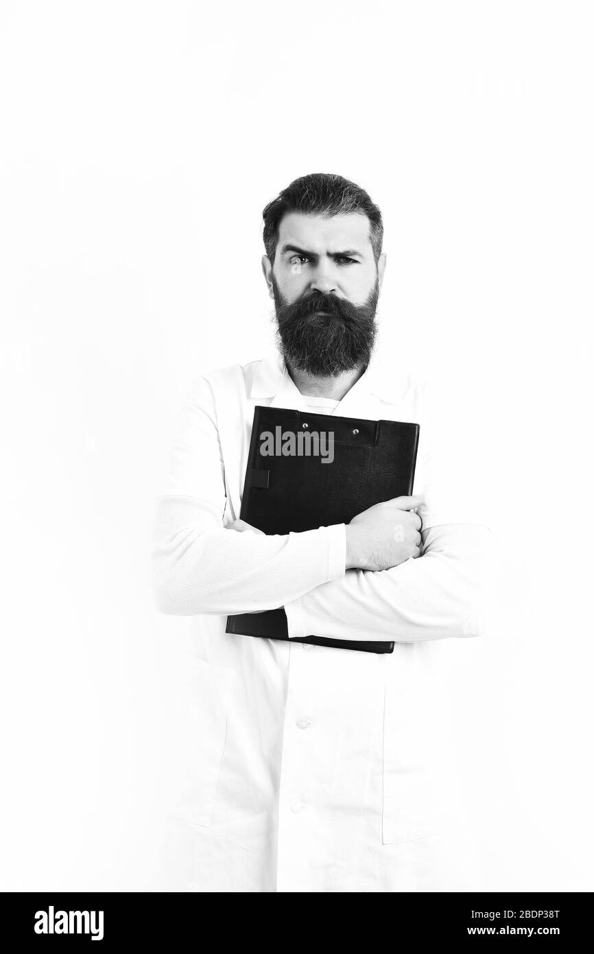 Bearded man, long beard. Brutal caucasian doctor or unshaven hipster ...