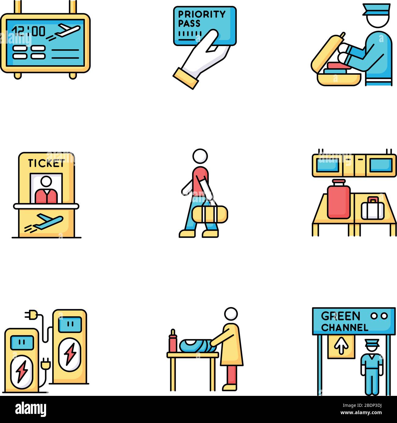 Airport terminal RGB color icons set. Flight information panel ...