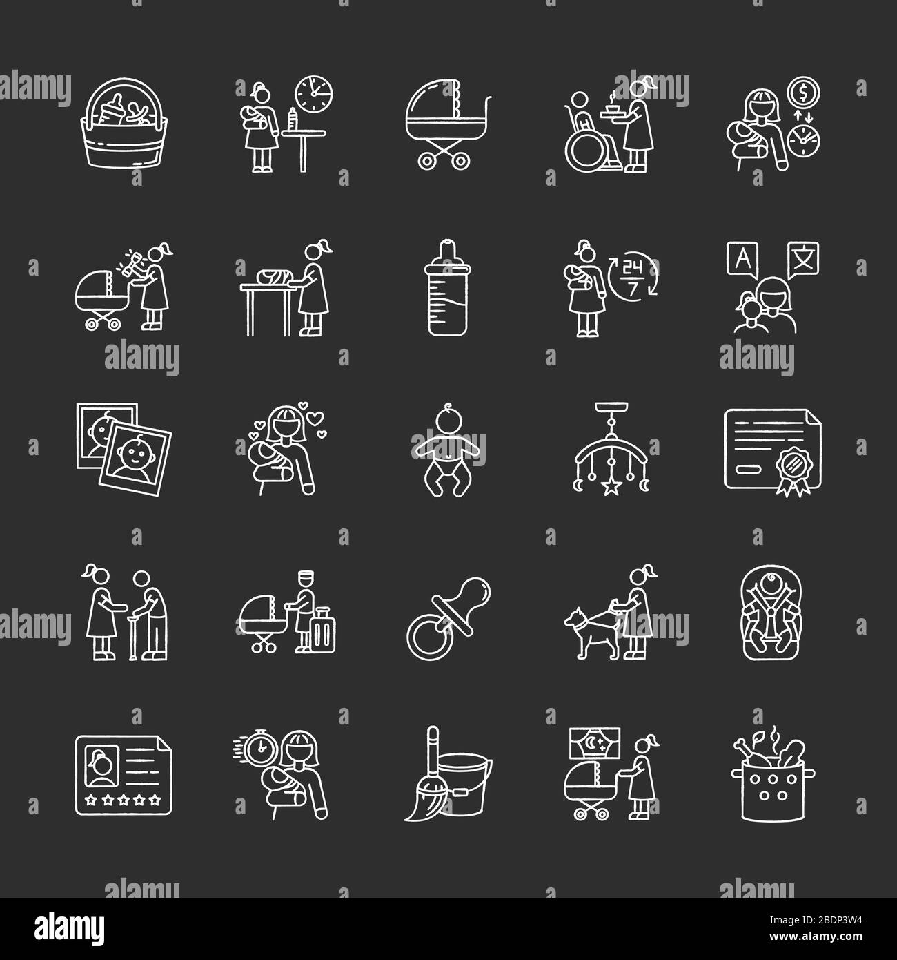 Babysitter service chalk white icons set on black background. Child ...