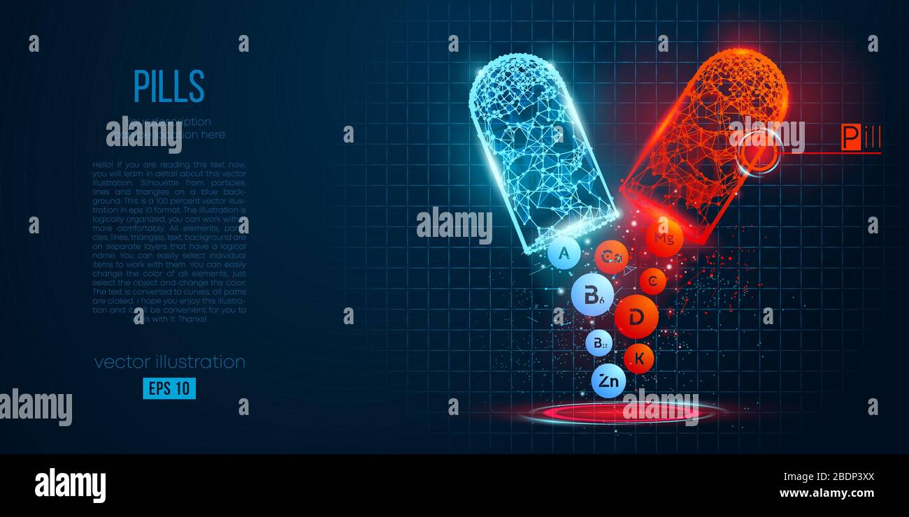 Abstract silhouette of the polygonal pills on blue background. Vitamins ...