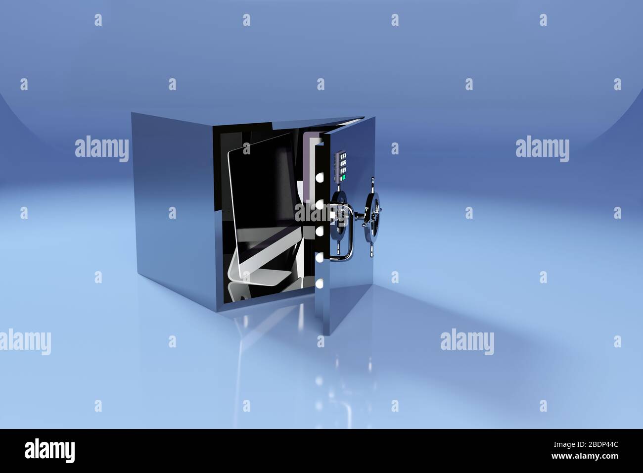 3D illustration with unclosed safe or vault with a computer Stock Photo ...