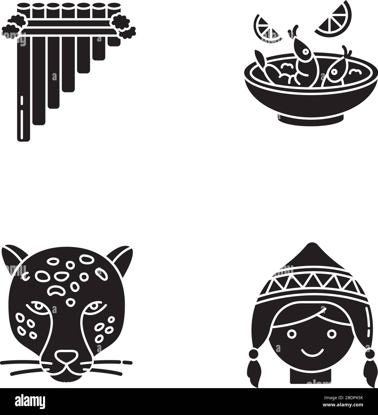 Peru black glyph icons set on white space. Peruvian art, cuisine ...