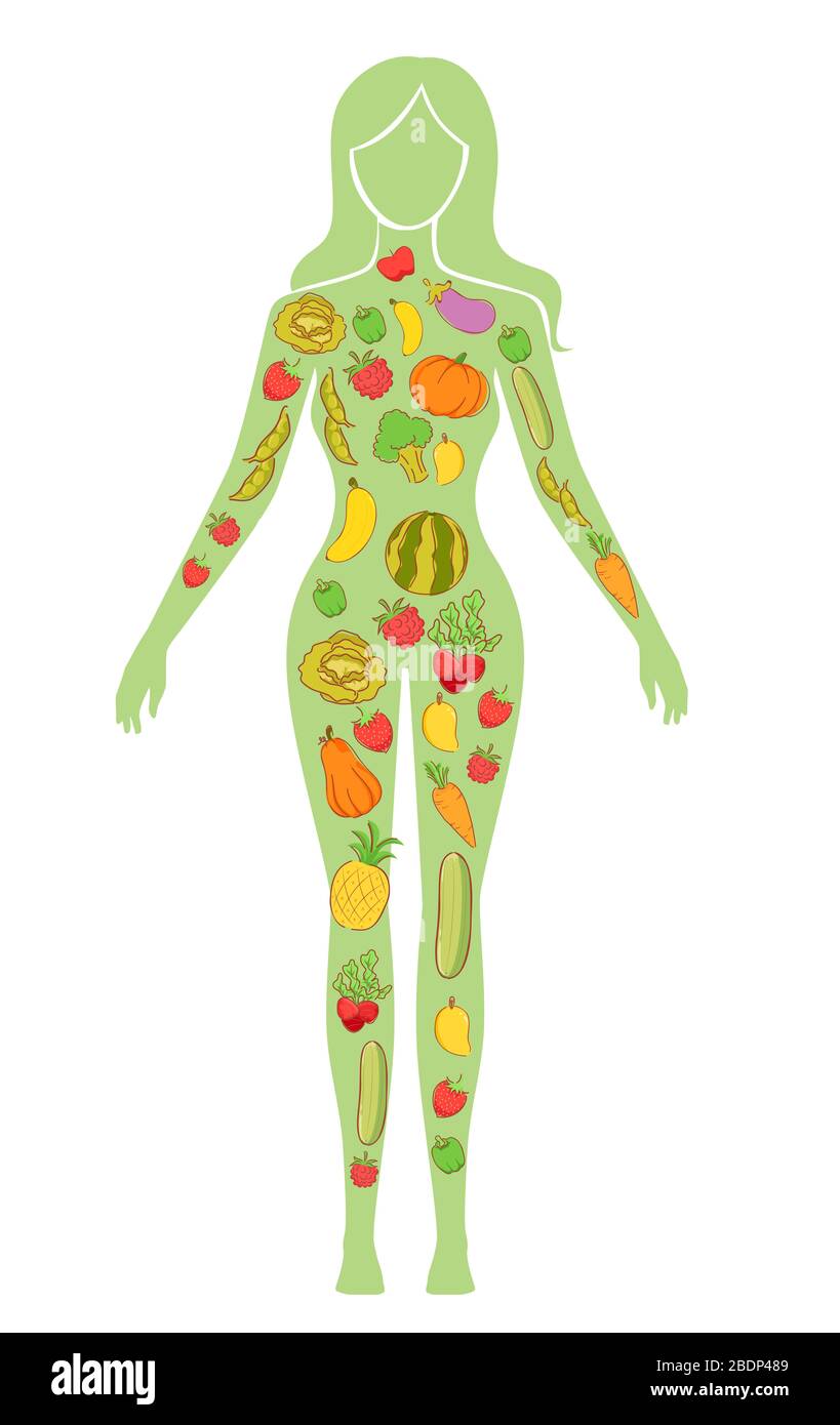 Illustration of a Body of a Girl with Fruits and Vegetables as Healthy ...