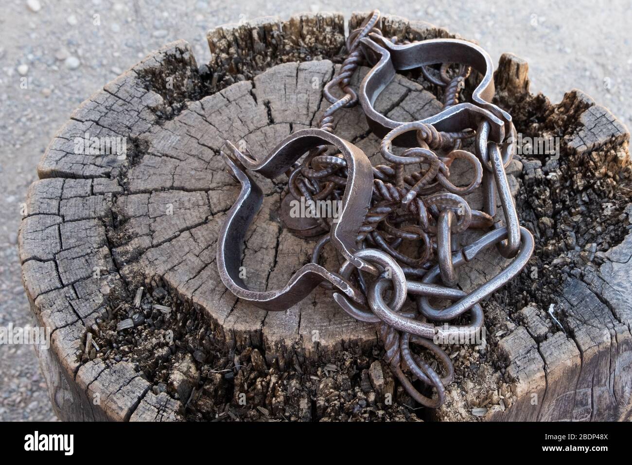 Photos of old shackles attached to the chain to the log Stock Photo - Alamy