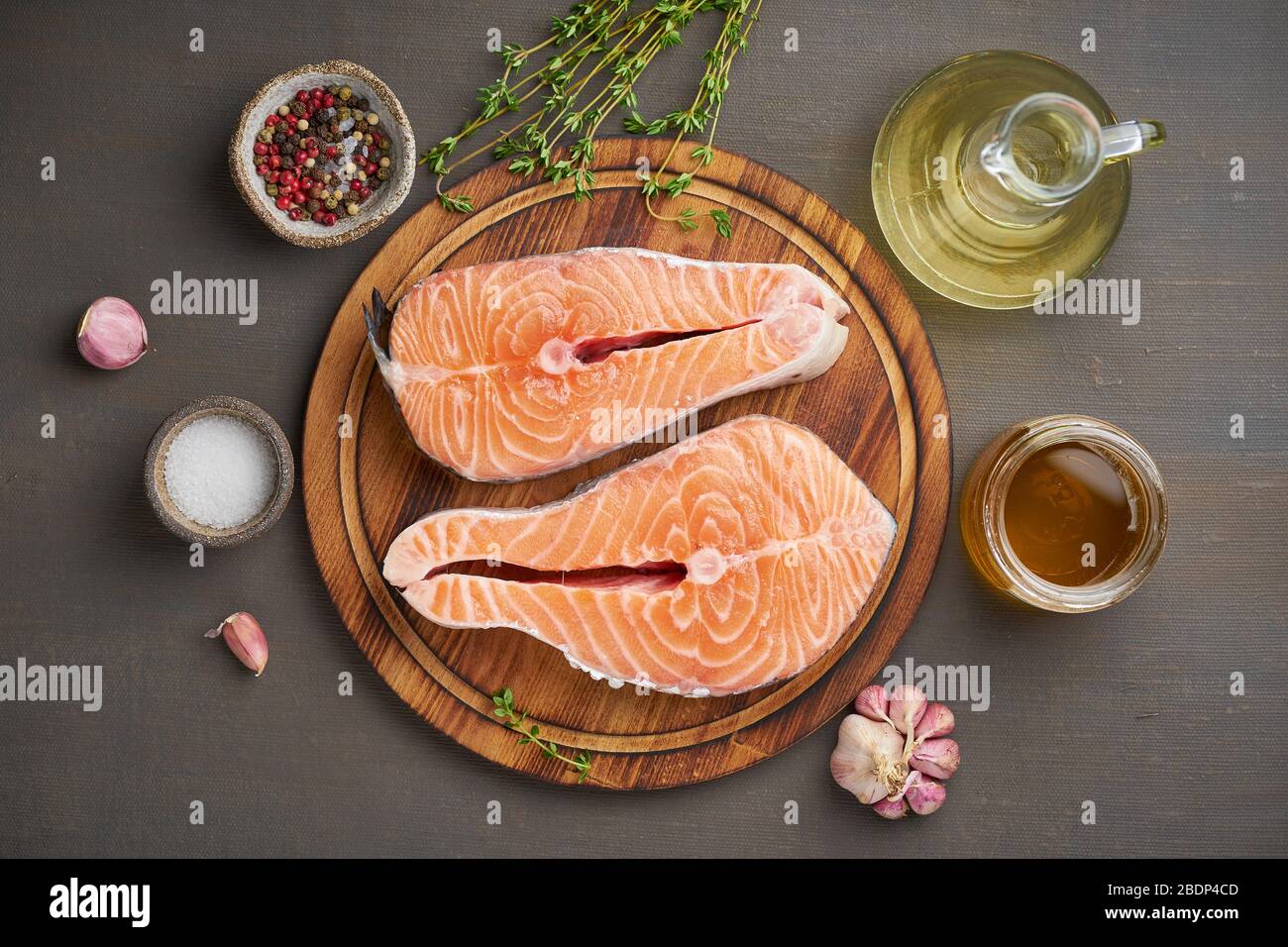 Two salmon steaks, top view, close up. Fish fillet, large sliced ...