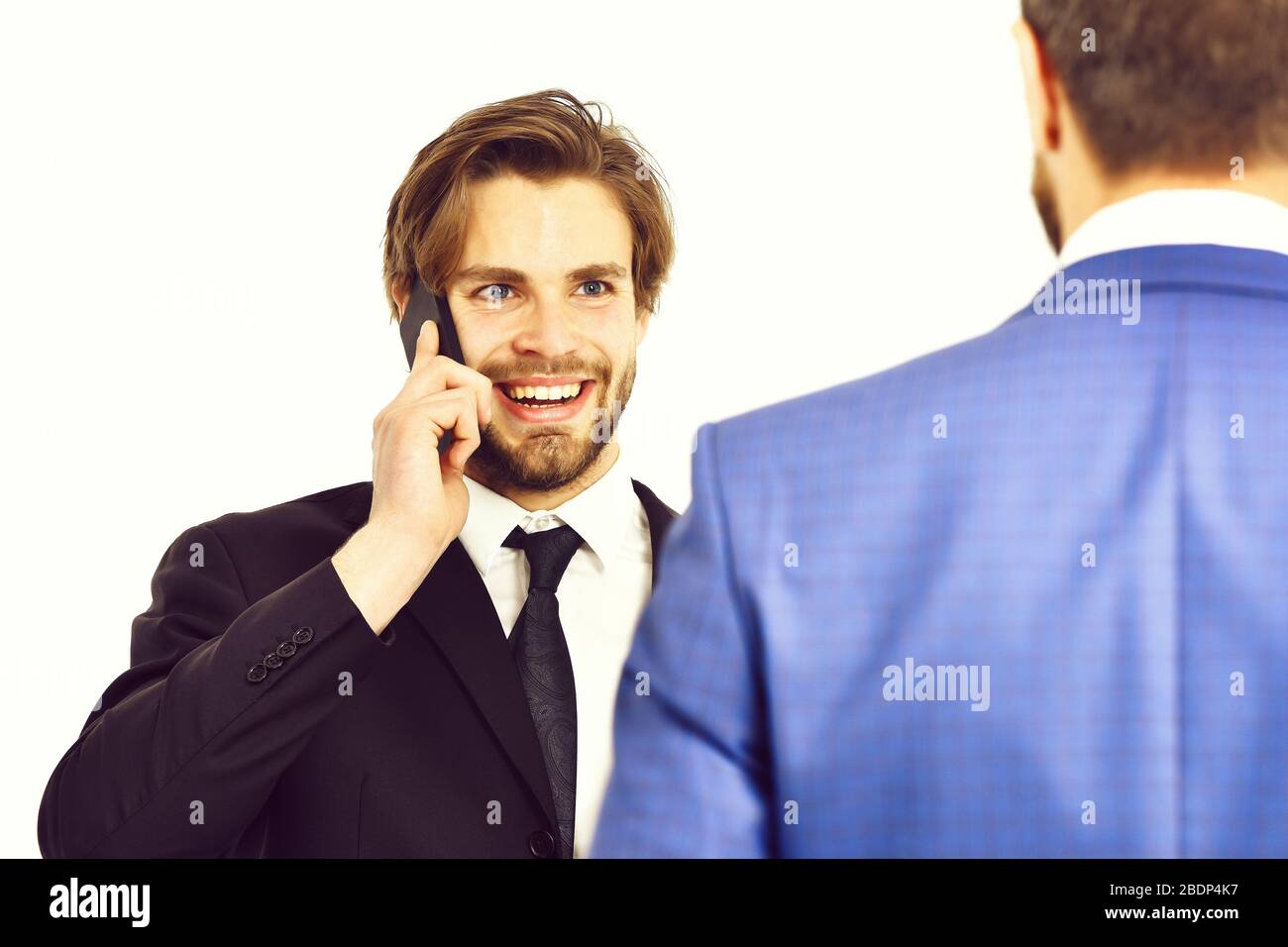 men with happy smiling face or businessmen speaking on mobile or cell ...