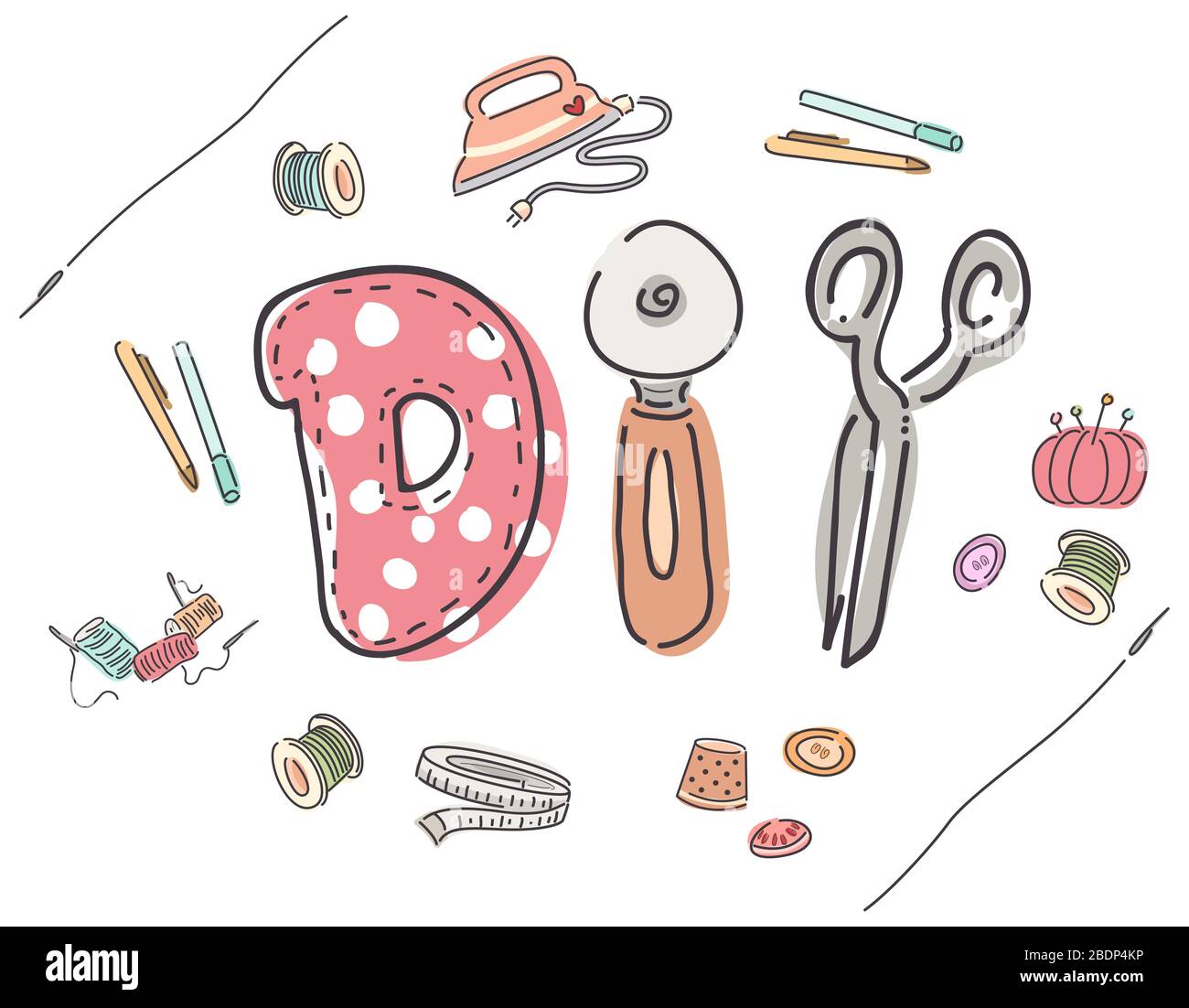 Illustration of a Sewing DIY Lettering with Scissors, Marking Pencils ...