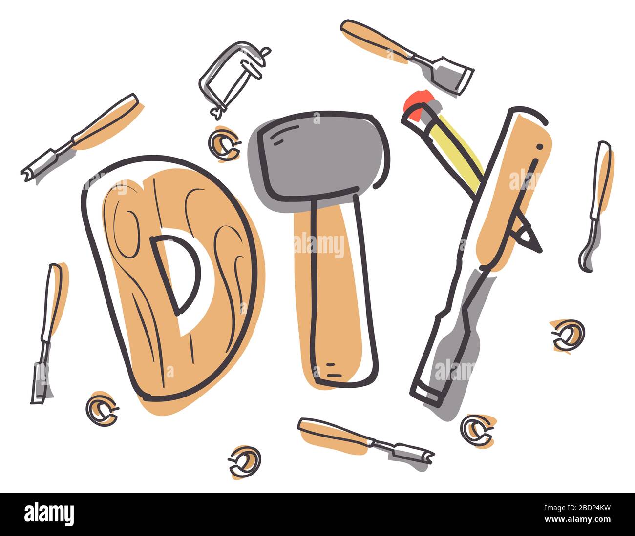 Illustration of Woodworking DIY Lettering with Chisels, Marking Pencil ...