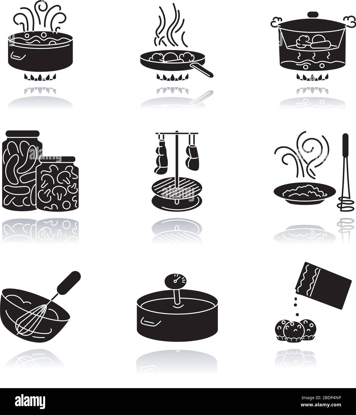 Food preparation drop shadow black glyph icons set. Different cooking ...