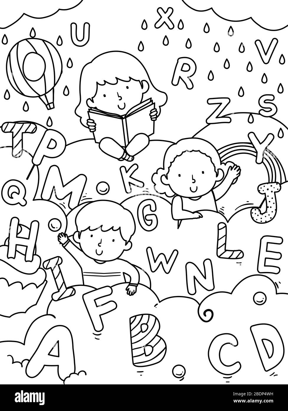 Coloring Page Illustration of Kids with the Alphabet, Candies and ...