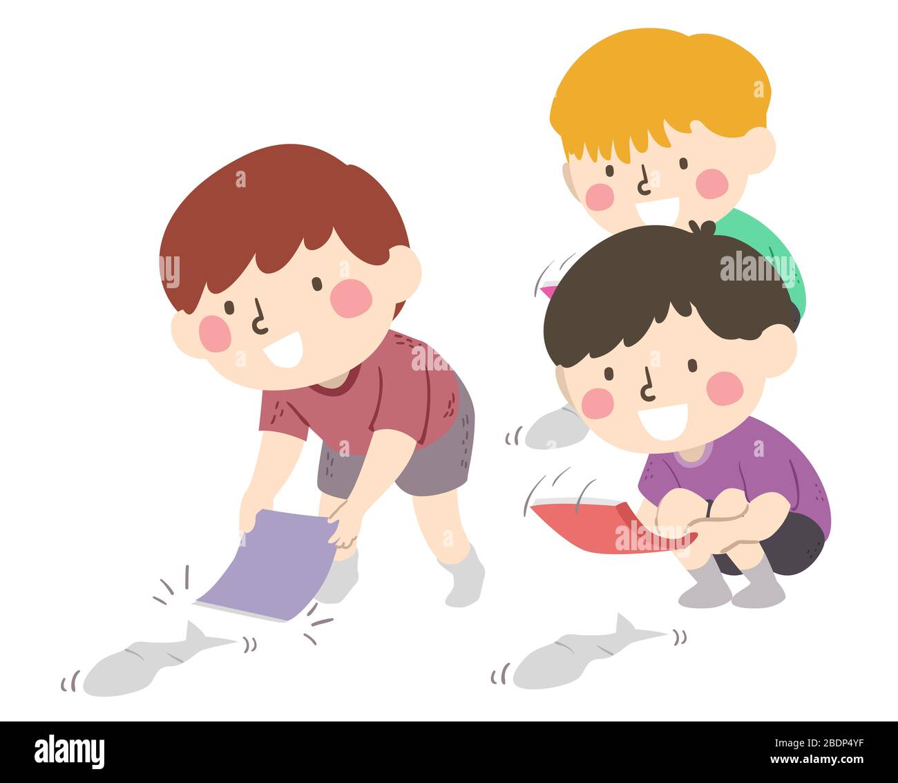 Illustration of Kids Flapping Thin Books in a Paper Fish Race Stock ...