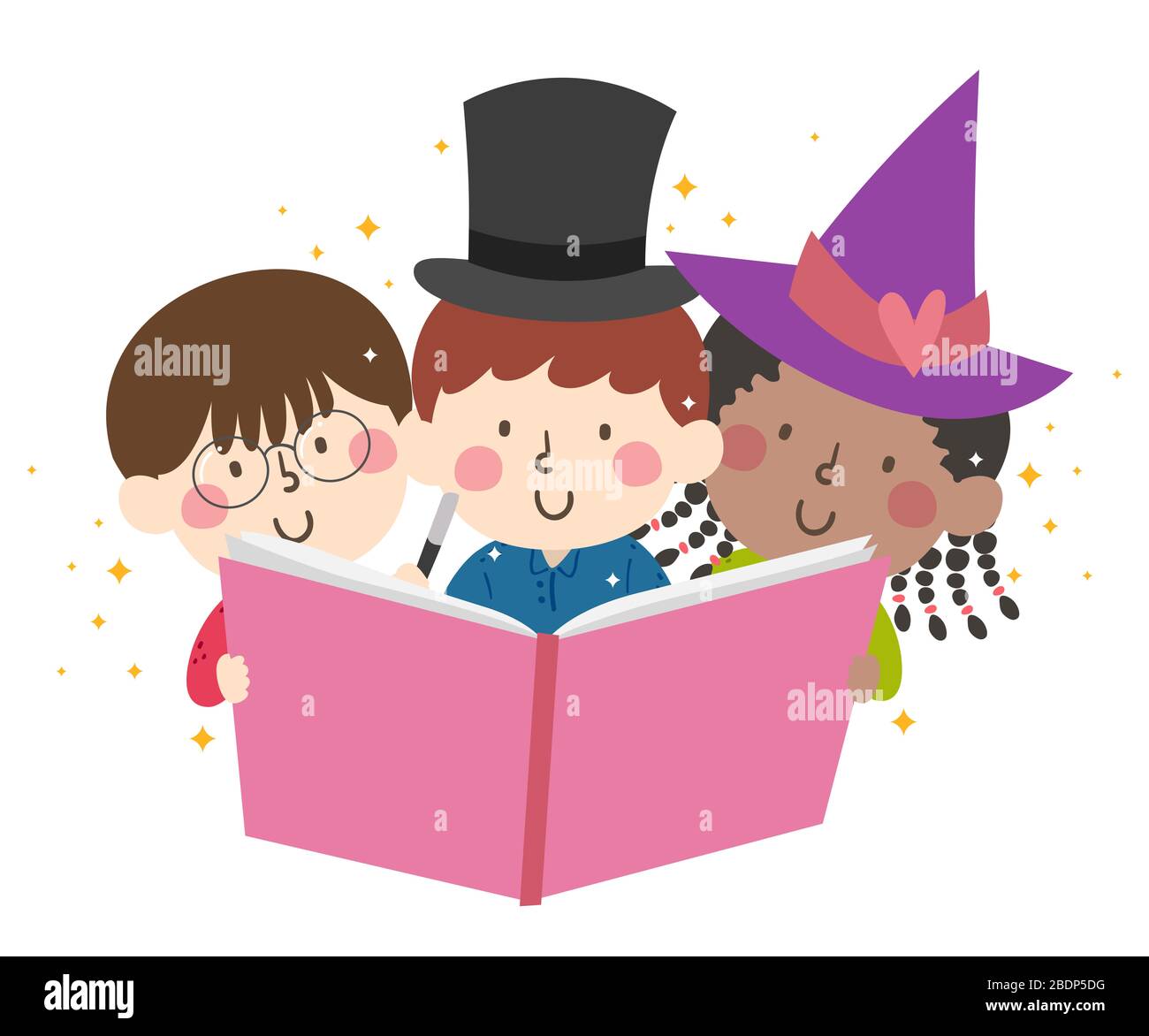 Illustration of Kids Wearing Magician and Witch Hat and Reading a Book ...
