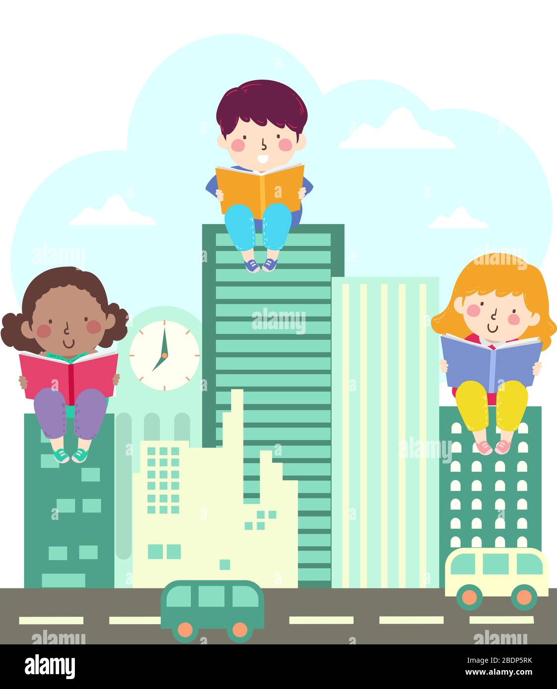 Illustration of Kids Reading a Book About their City with Buildings ...