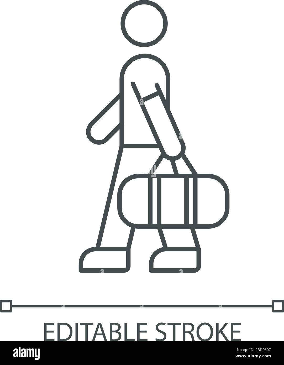 Male passenger with bag pixel perfect linear icon. Tourist carrying ...